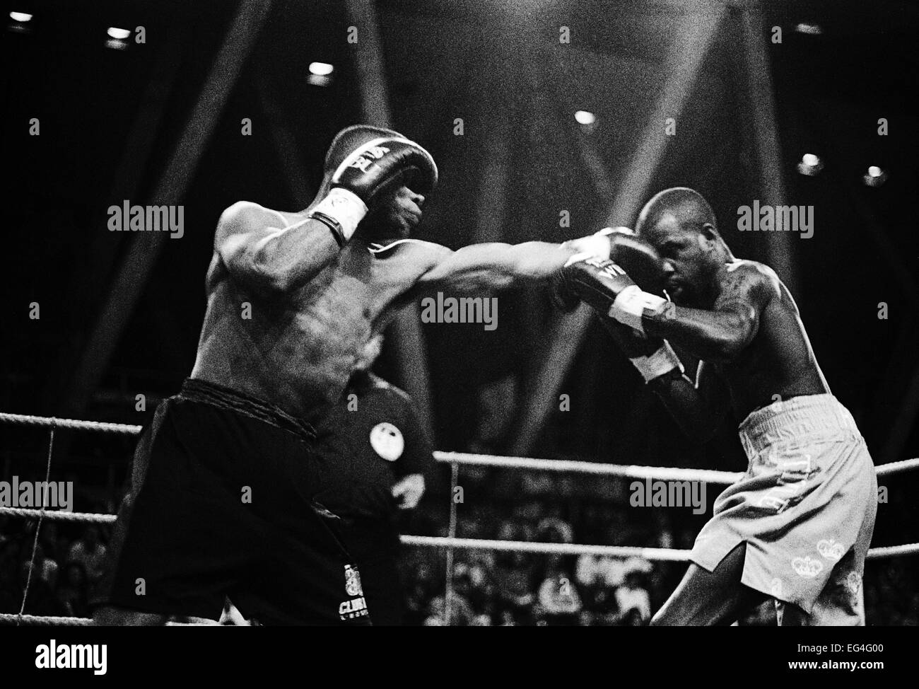 Santiago Rojas Alcantaraand Duke McKenzie fight in a WBU flyweight bout ...