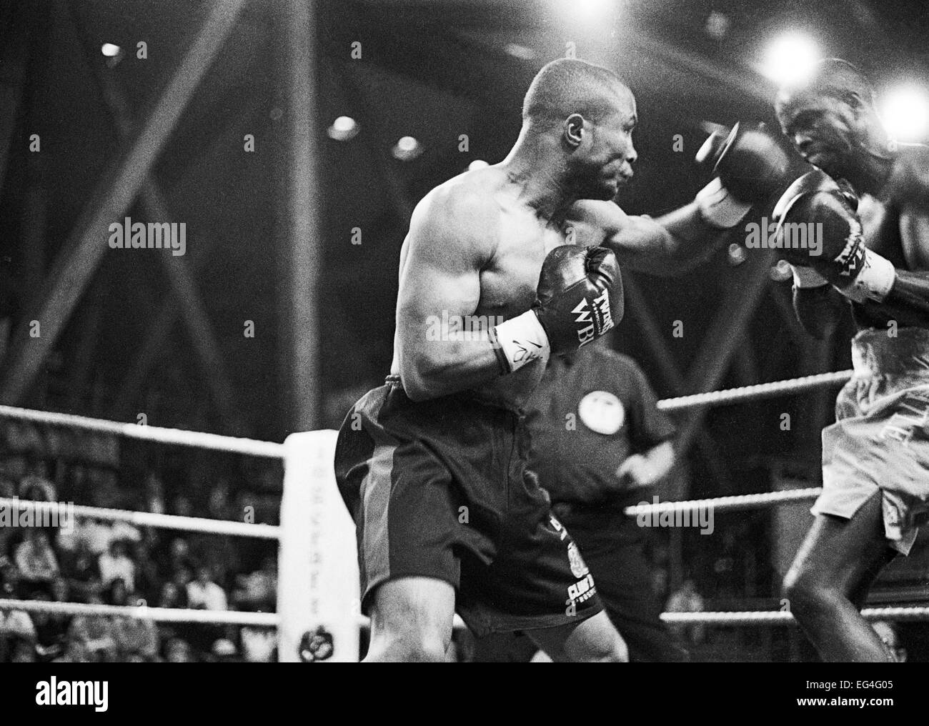 Santiago Rojas Alcantaraand Duke McKenzie fight in a WBU flyweight bout ...