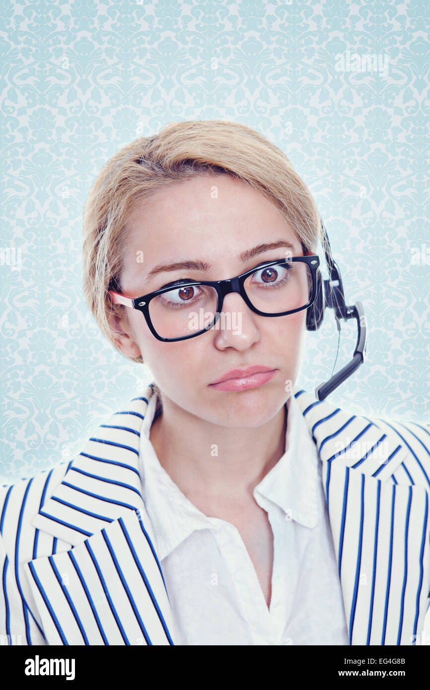 Frustrated call center representative on the white Stock Photo - Alamy