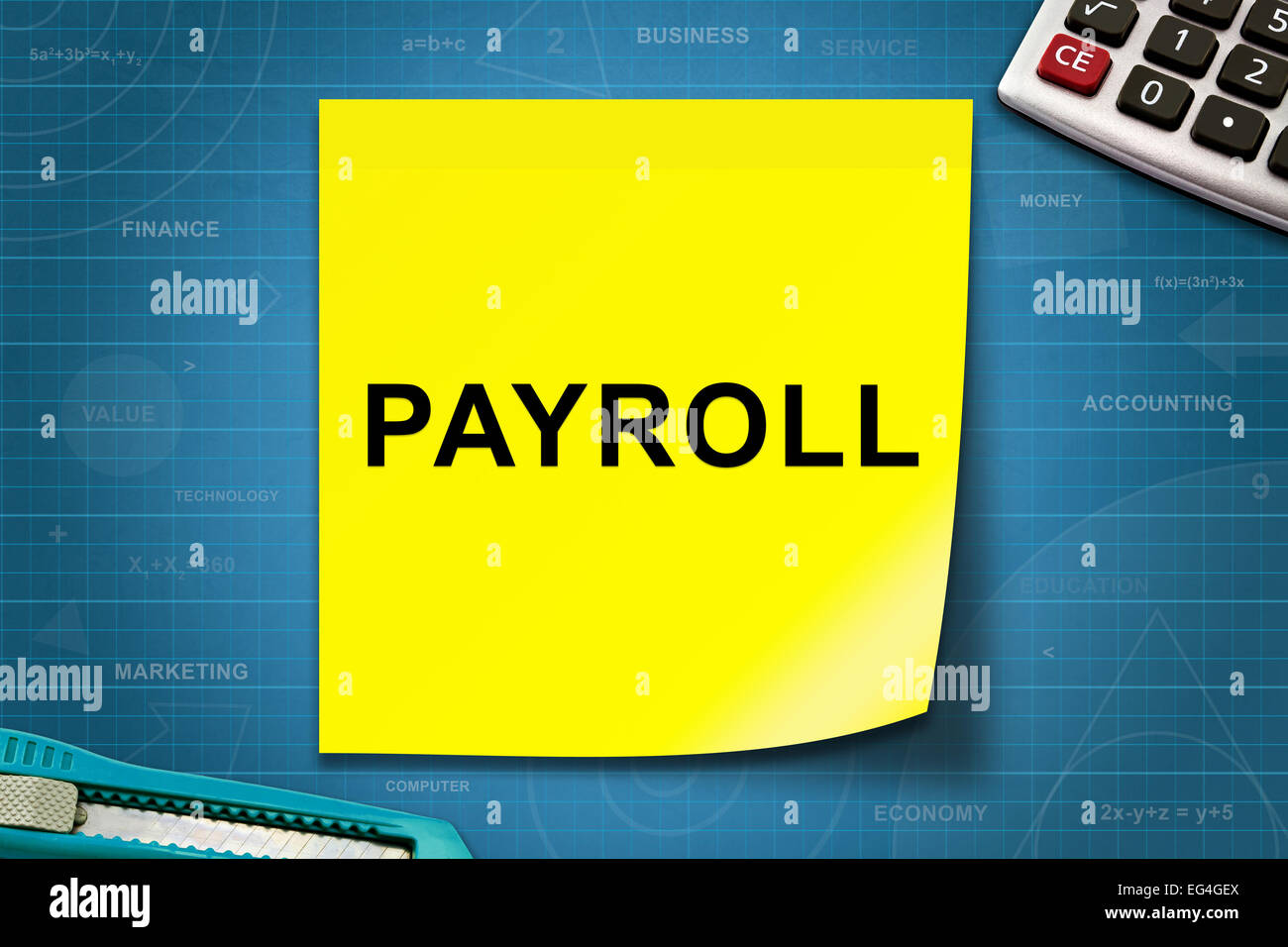 Payroll text on yellow note with graph paper Stock Photo - Alamy
