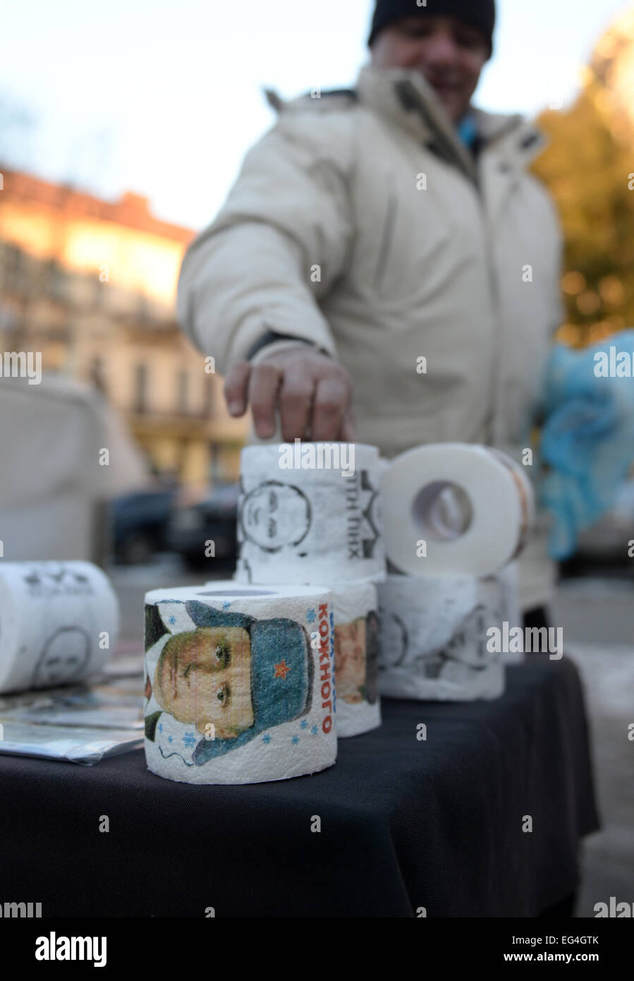 Lviv, Ukraine. 16th February, 2015. A street vendor sells toilet paper ...