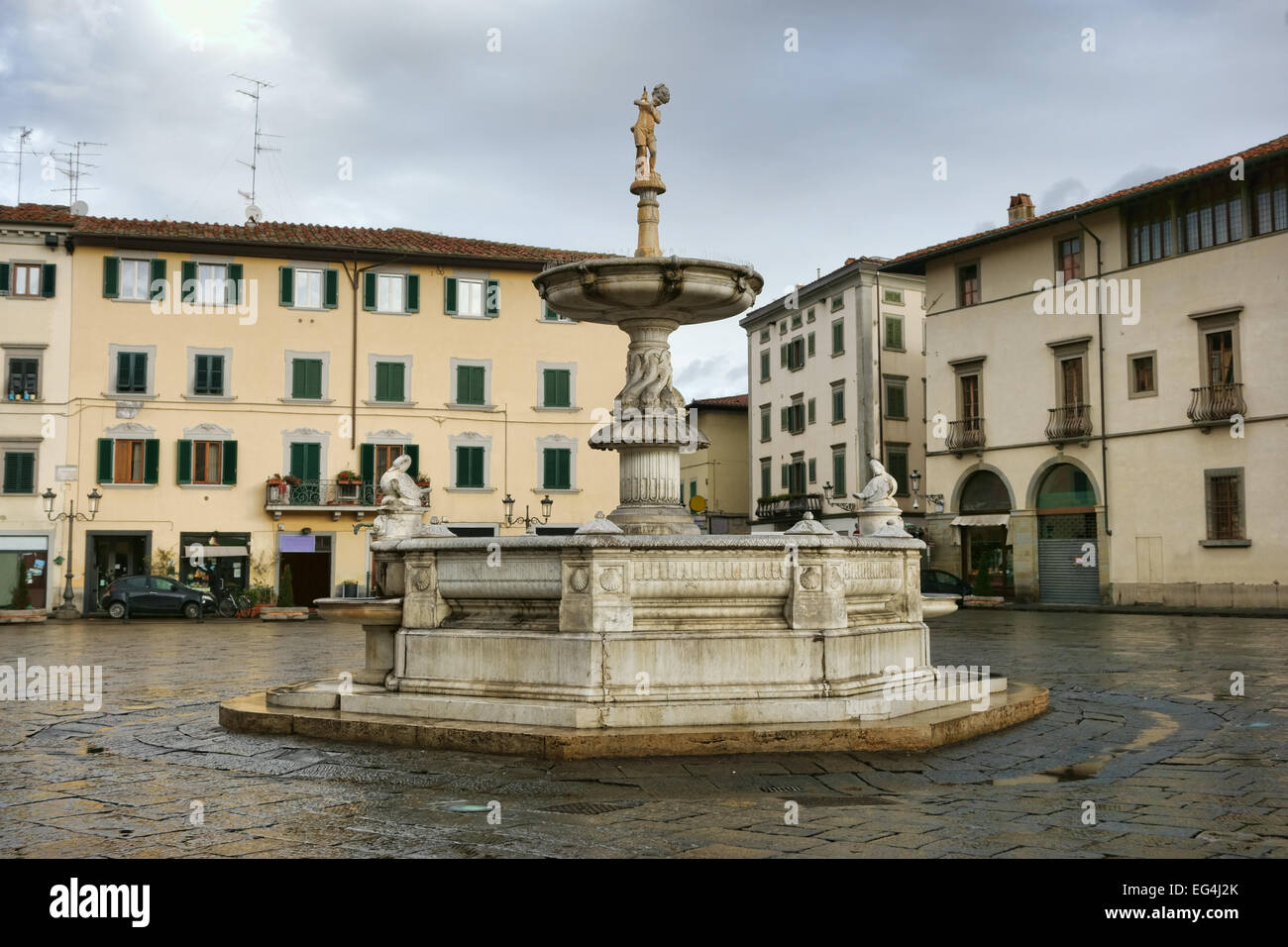 The Duomo square with the monumental fountain in Prato, Italy Stock ...