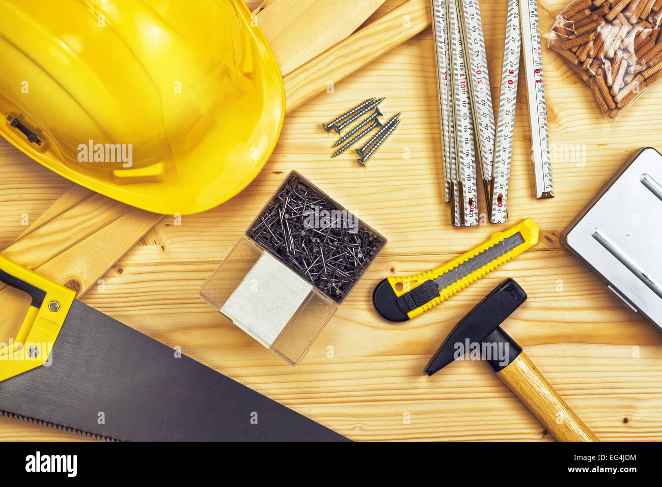 Assorted Woodwork and Carpentry or Construction Tools on Pine Wood ...