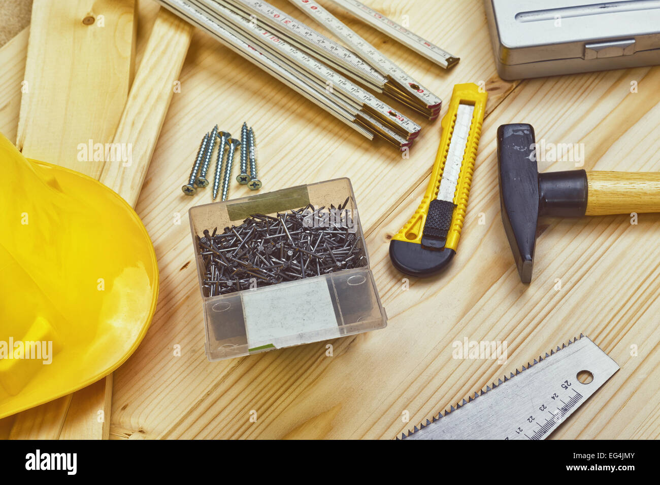 Assorted Woodwork and Carpentry or Construction Tools on Pine Wood ...