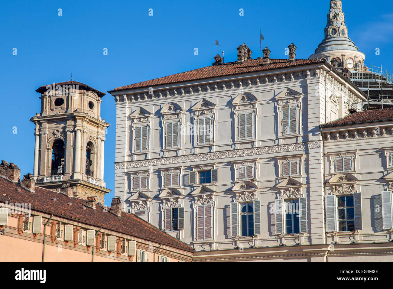 Palazzo Reale, the Royal Palace of Turin and the cathedral bell tower ...