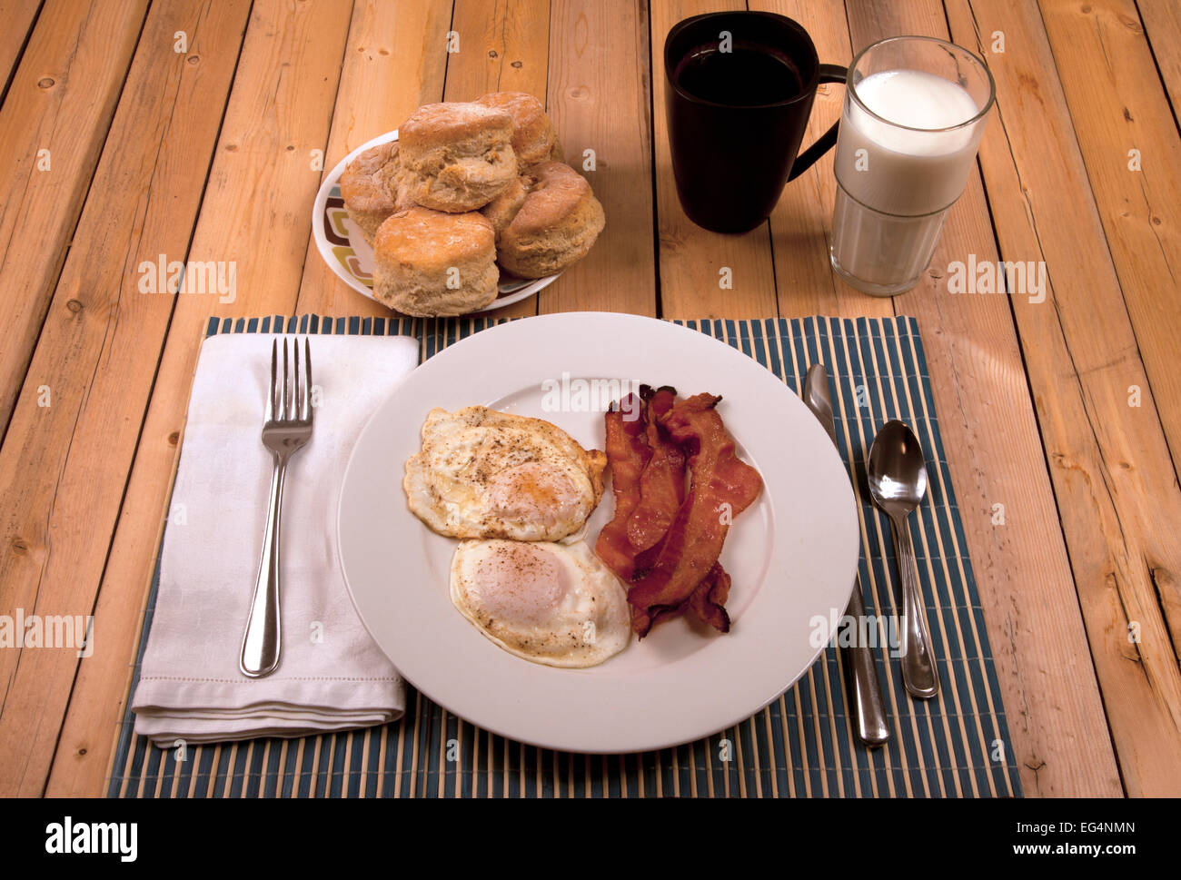 A breakfast of bacon, eggs, and biscuits Stock Photo - Alamy