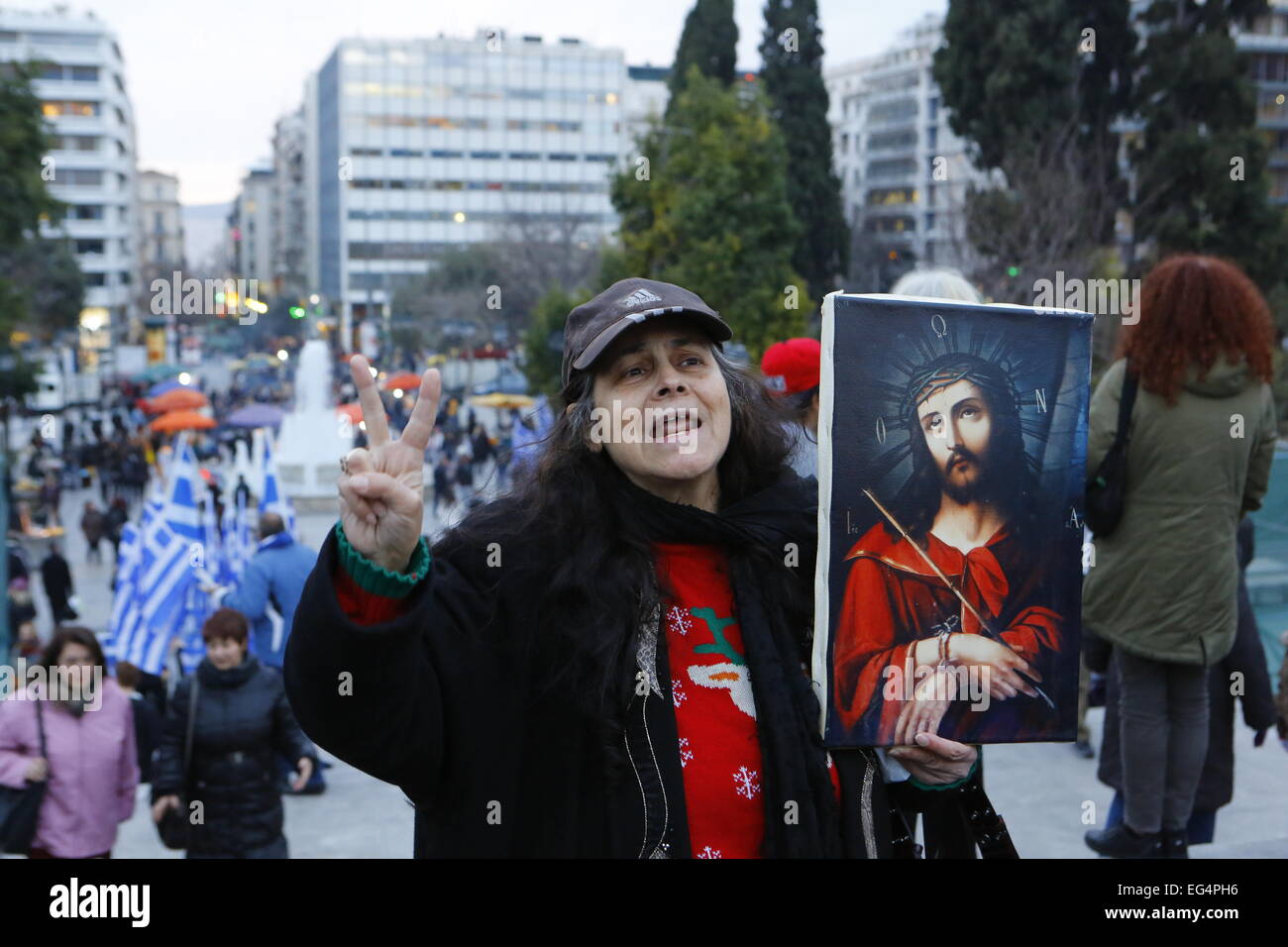 Athens, Greece. 16th February 2015. captionA Greek woman rants about ...