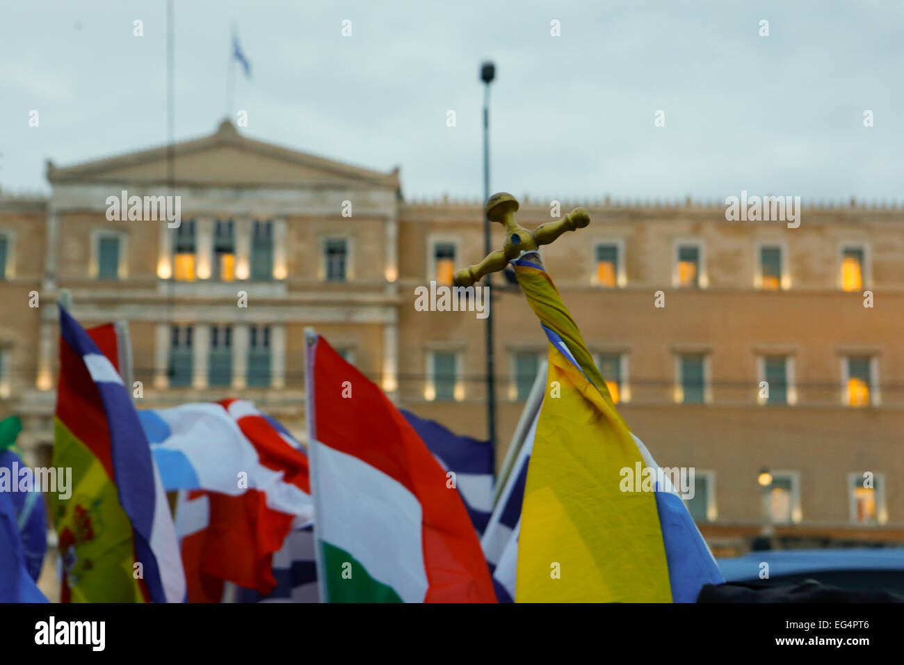 Athens, Greece. 16th February 2015. Different flags fly outside the ...
