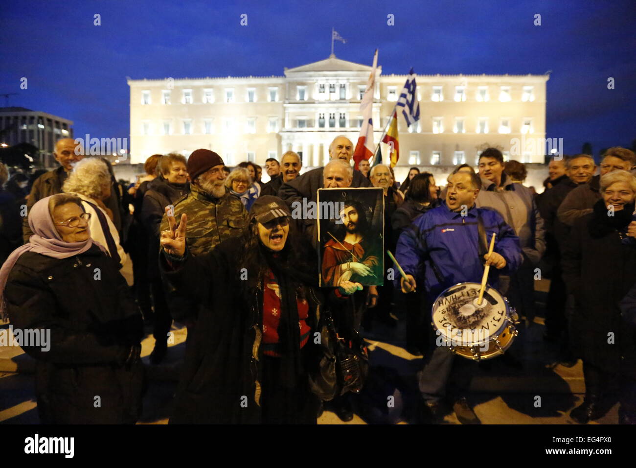 Athens, Greece. 16th February 2015. Protester with a drum and an icon ...