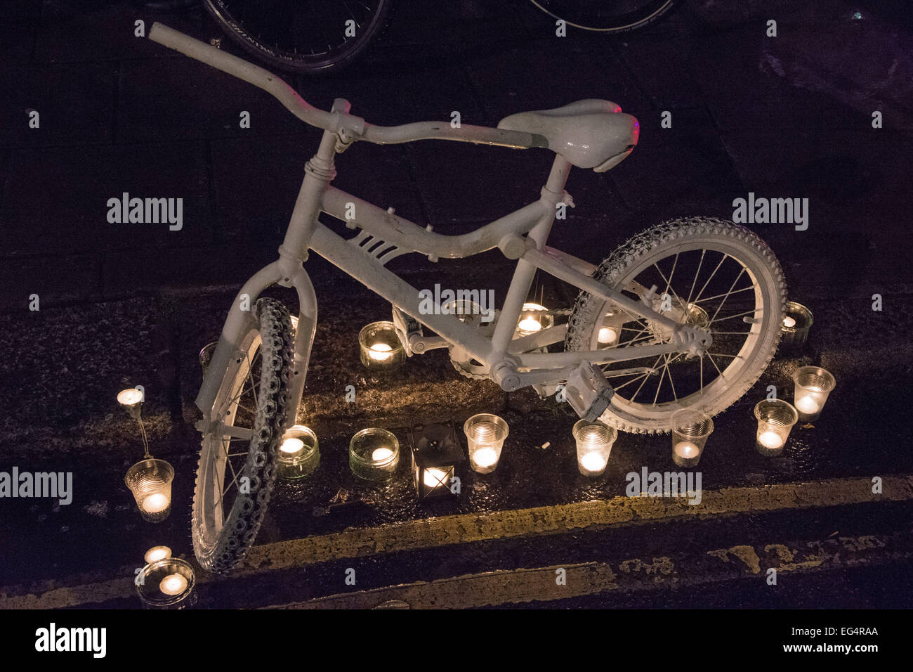 London, UK. 16th February 2015. A white "ghost bike" becomes a ...
