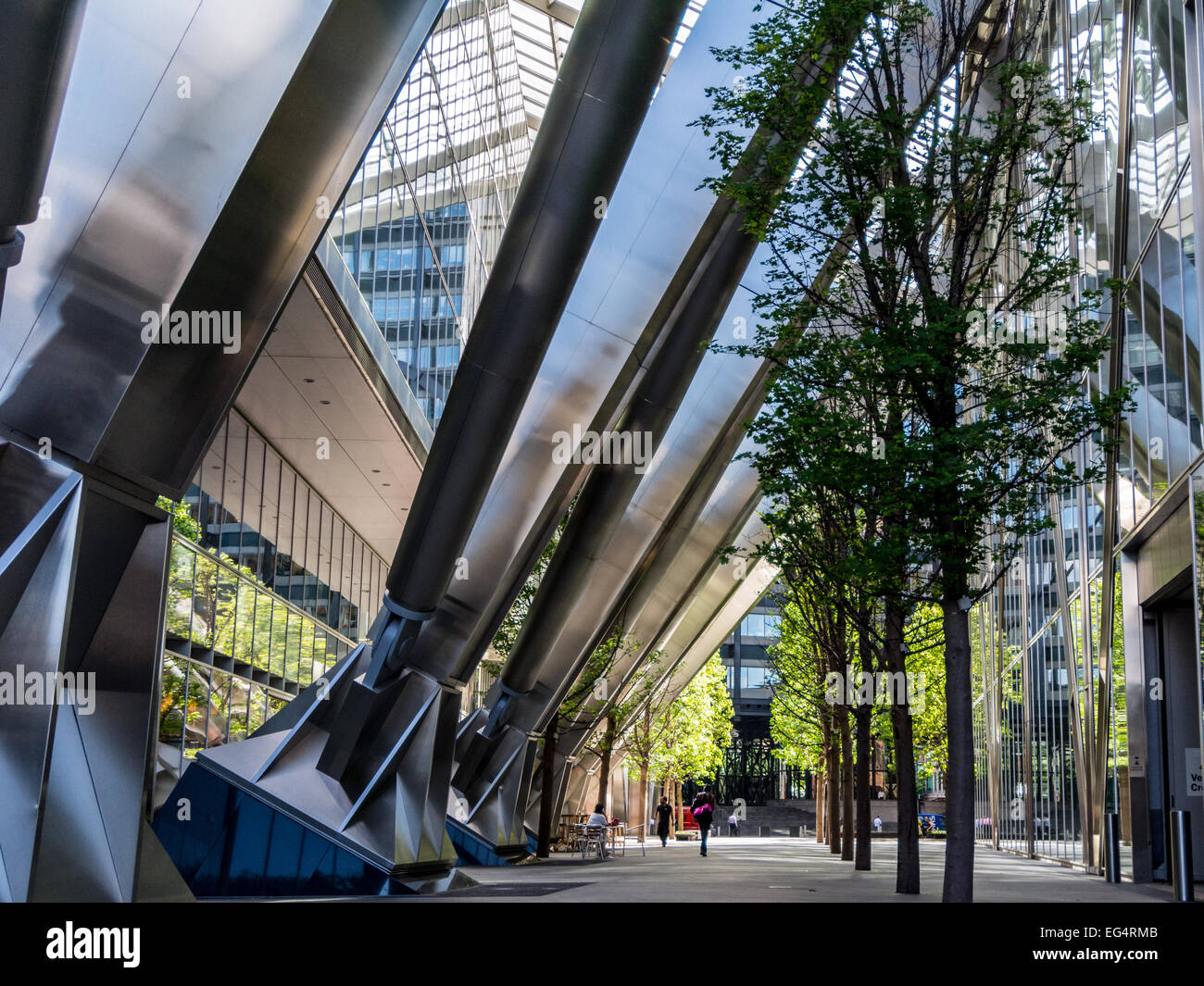 Huge steel building supports in the Atrium of a city building in London ...