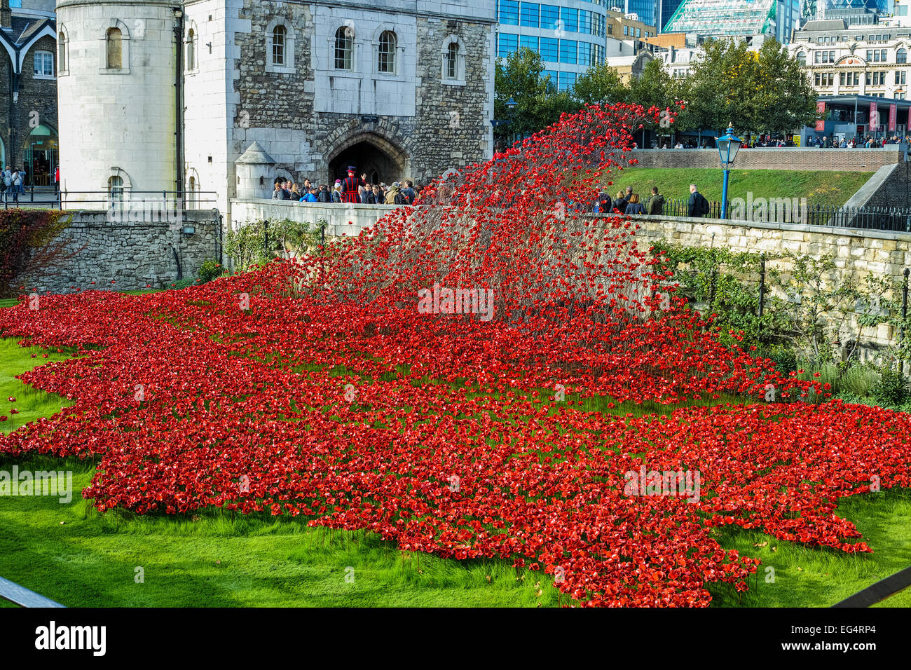 Ceramic poppies at the Tower of London War memorial artwork Stock Photo ...