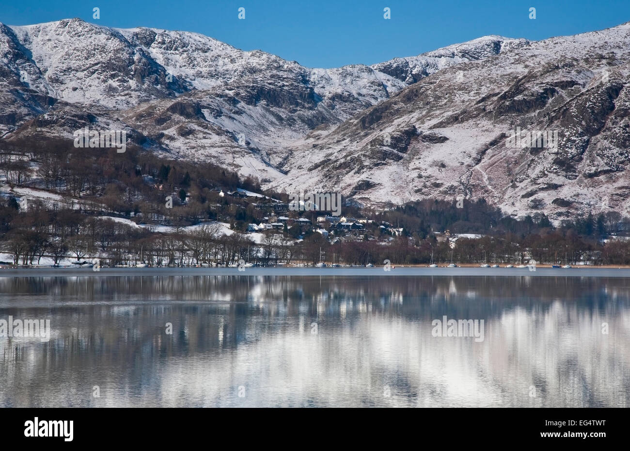 Coniston village sits at the bottom of the mountains in the snow at the ...