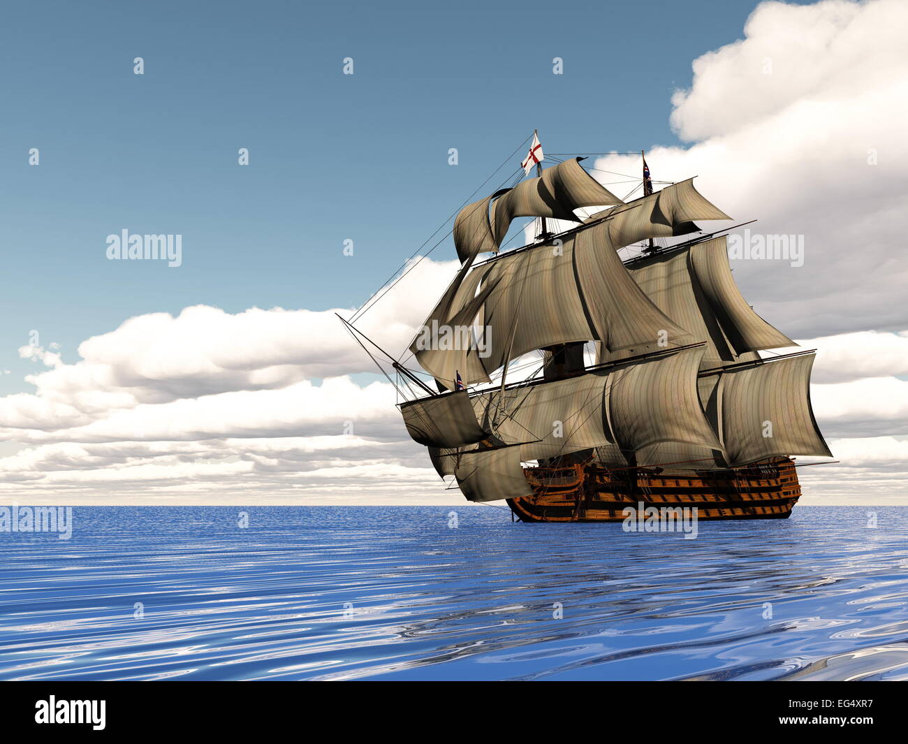 Beautiful detailed old ship HSM Victory floating on the ocean by cloudy ...