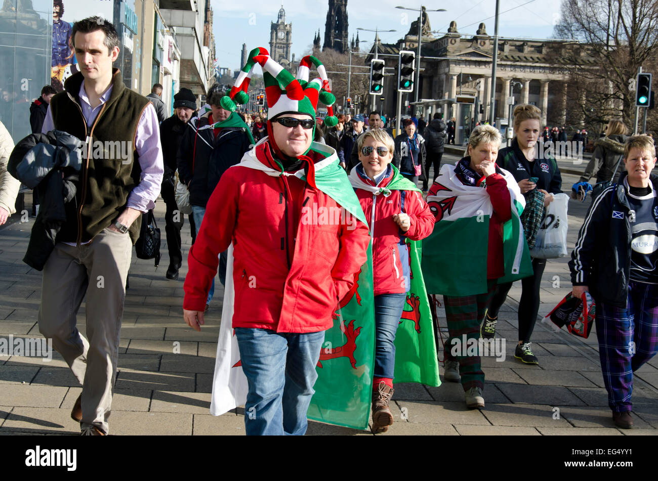 Welsh rugby fans in the centre of Edinburgh before the 6-Nations ...