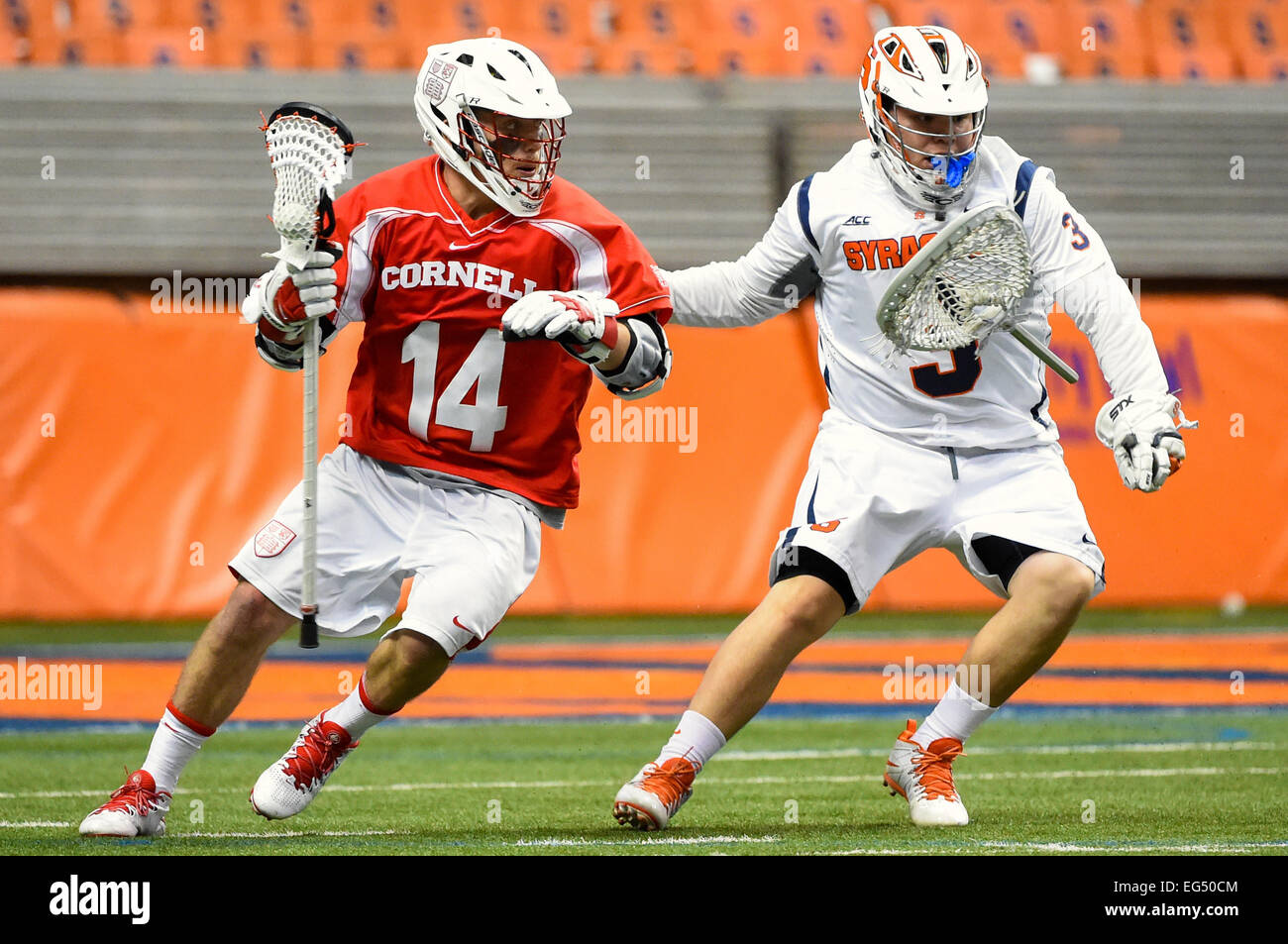 February 15, 2015: Syracuse Orange goalie Warren Hill (3) breaks his ...
