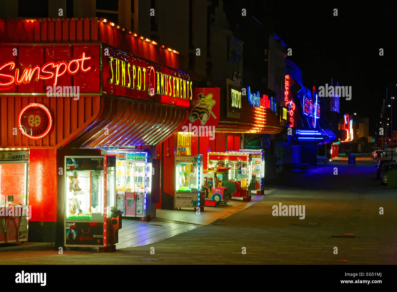 Southend seafront showing the amusement arcades late at night when its ...