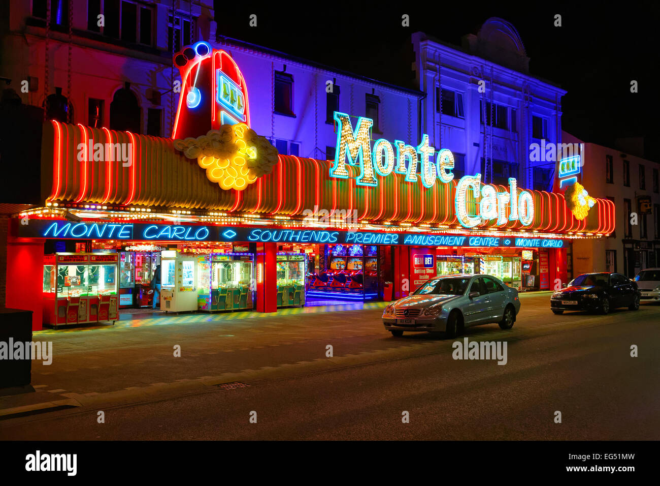 Southend seafront showing the amusement arcades late at night when its ...