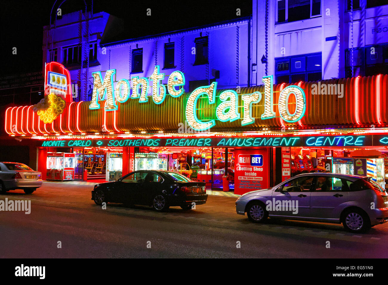 Southend seafront showing the amusement arcades late at night when its ...