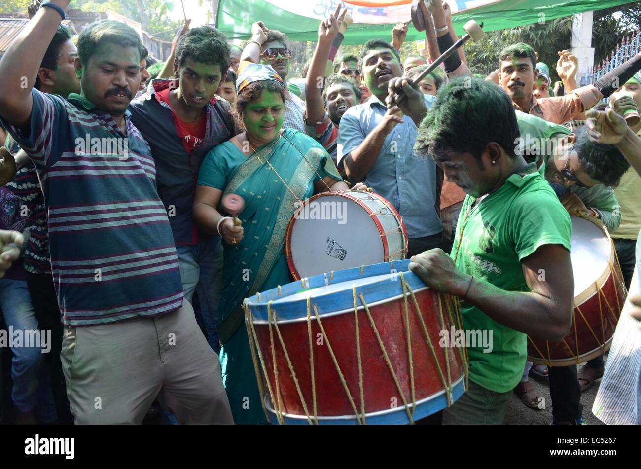 Parganas, West Bengal, India. 16th Feb, 2015. TMC supporters cheering ...