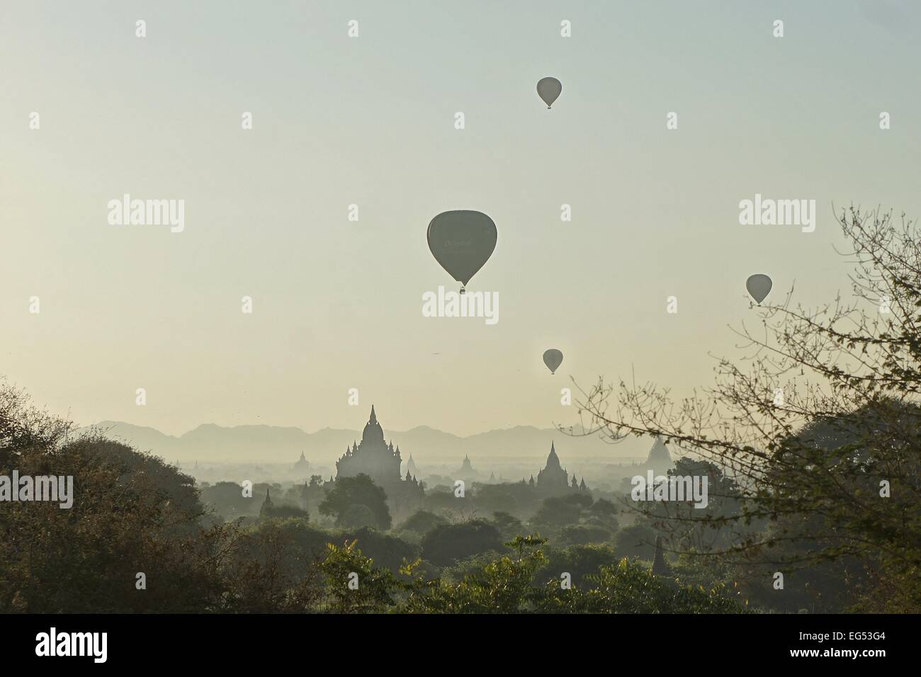 Balloons flying over Buddhist pagodas at Bagan's ancient temples in ...