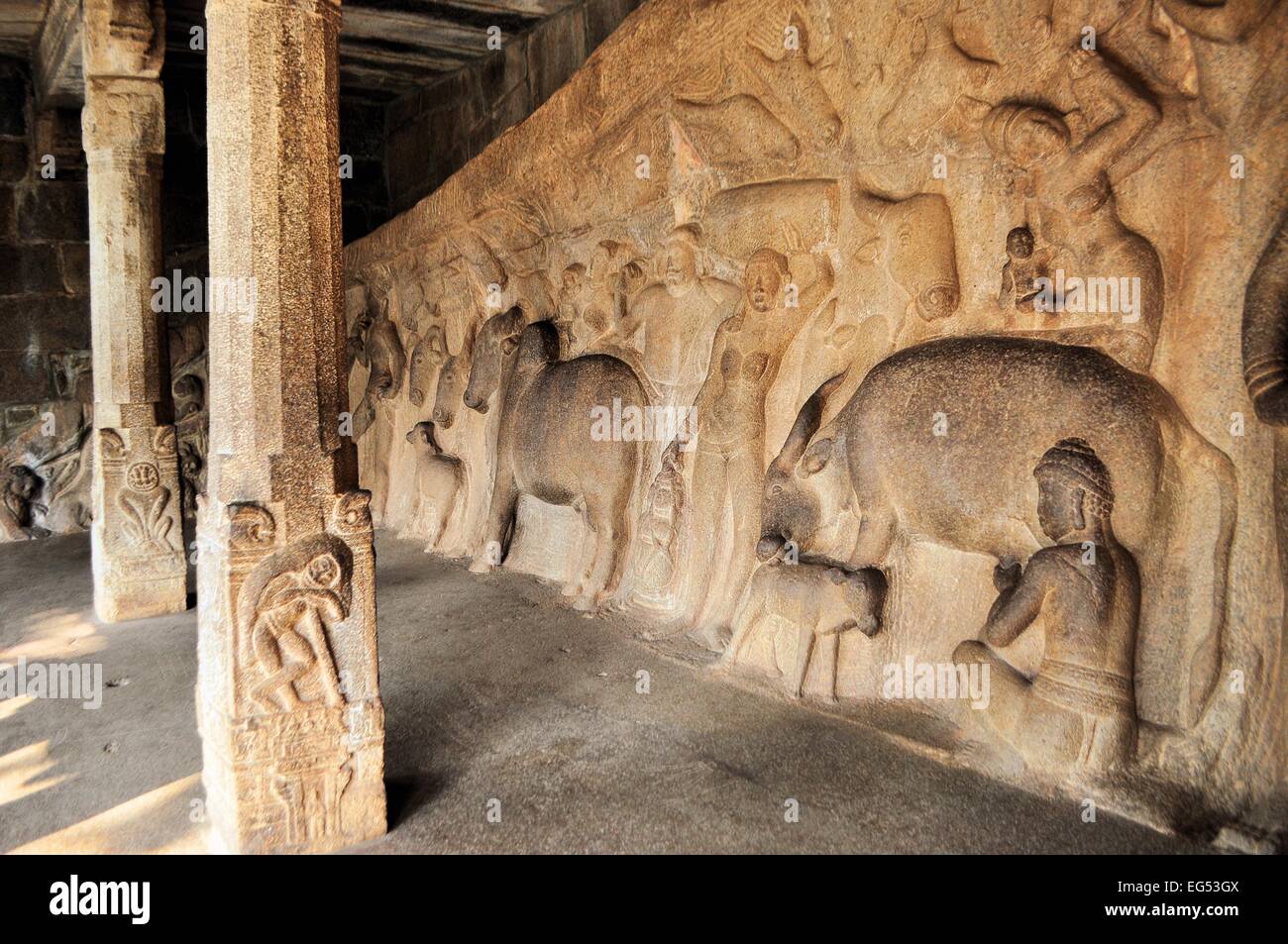 Mytholical Hindu Stone inscriptions in a cave in Mamallapuram, Tamil ...