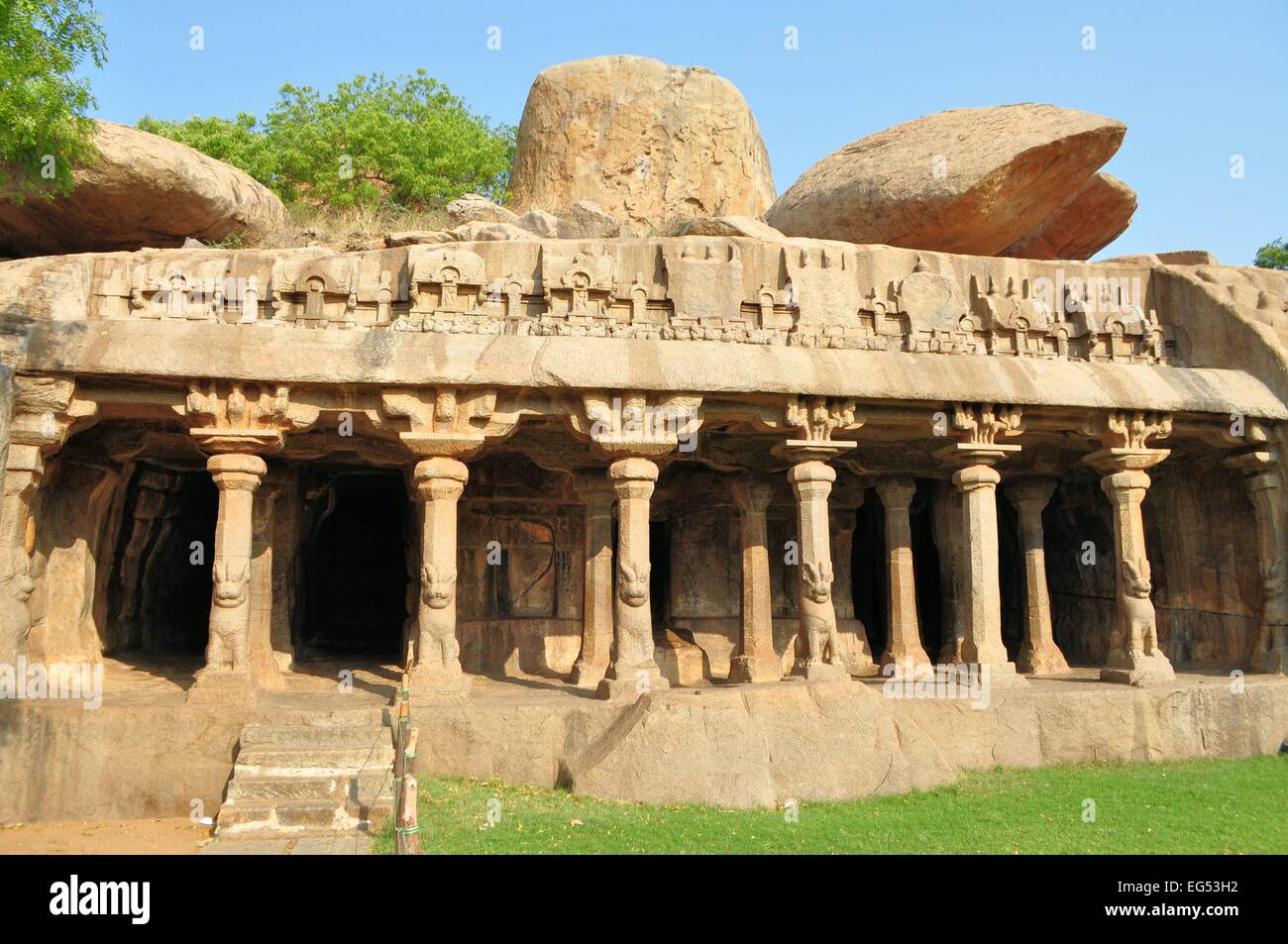 Cave complex with pillars in Mamallapuram, Tamil Nadu, India Stock ...
