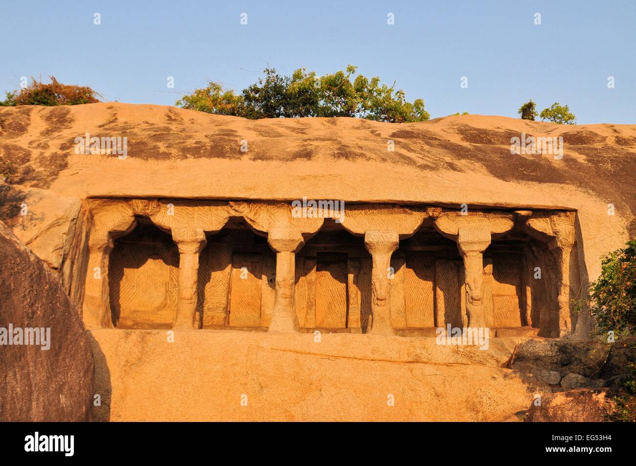 Cave complex with pillars in Mamallapuram, Tamil Nadu, India Stock ...