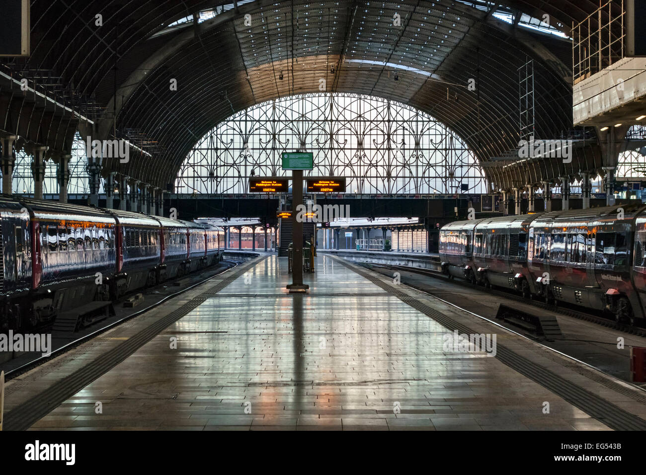Paddington station, London, UK. Original Victorian metal tracery on the ...
