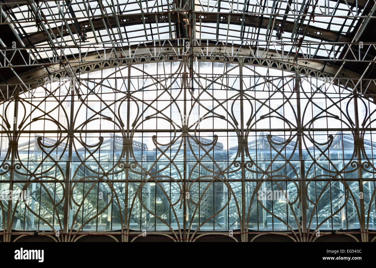 Paddington station, London, UK. Original Victorian metal tracery on the ...