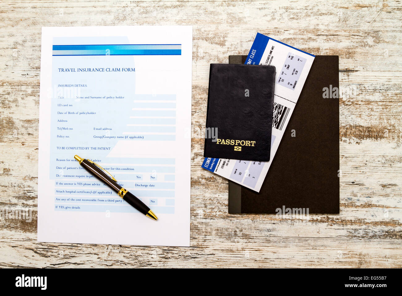 Travel insurance application form with a boarding pass and a passport ...