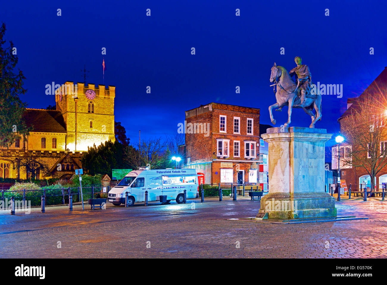 Church, statue and kebab van in Petersfield, Hampshire, England UK ...