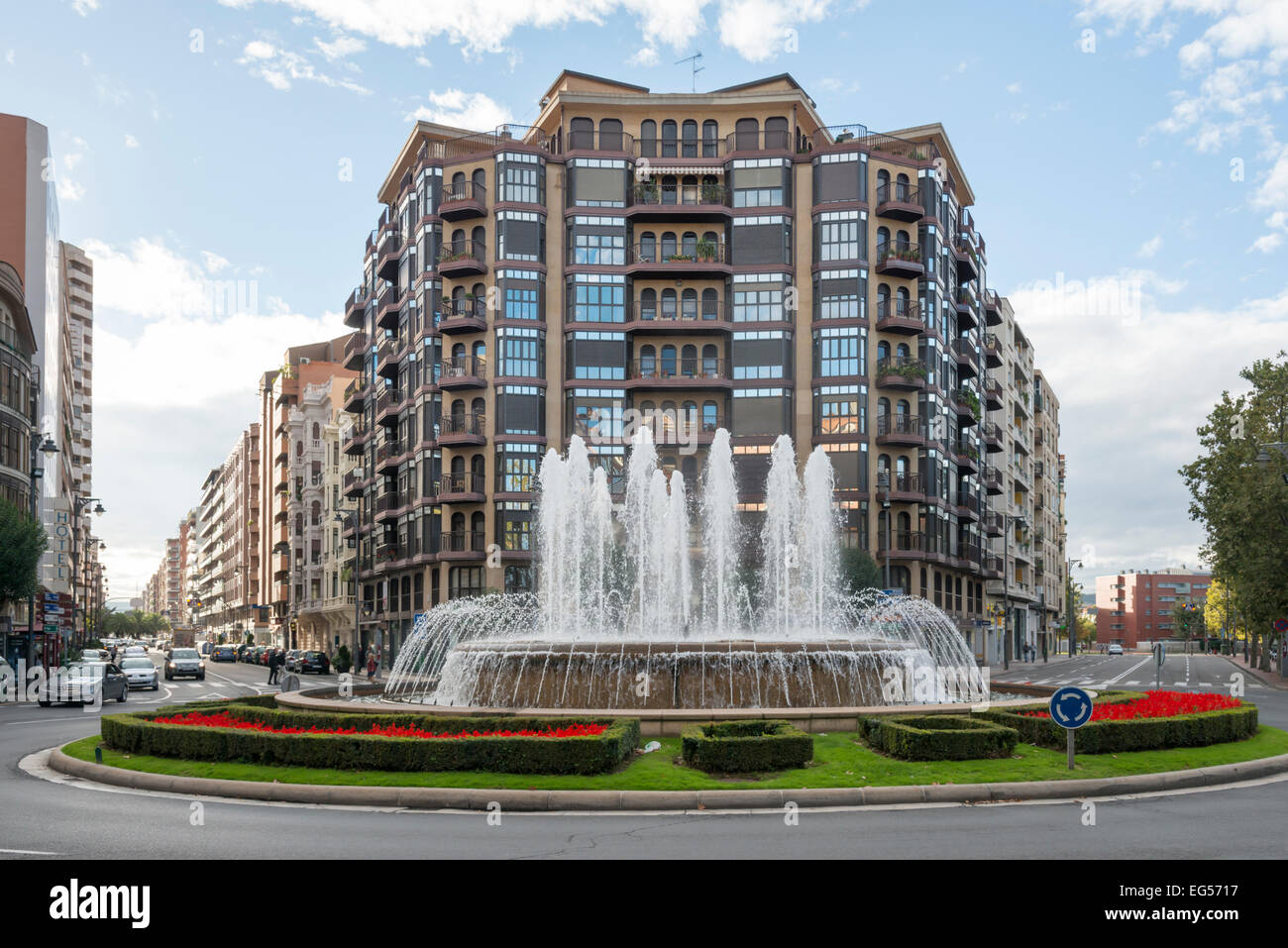 Fountains on a roundabout in the city of Legrono Spain with buildings ...