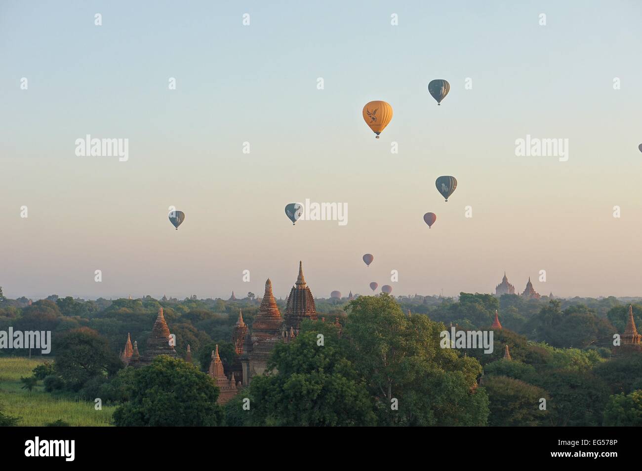 Balloons flying over Buddhist pagodas at Bagan's ancient temples in ...