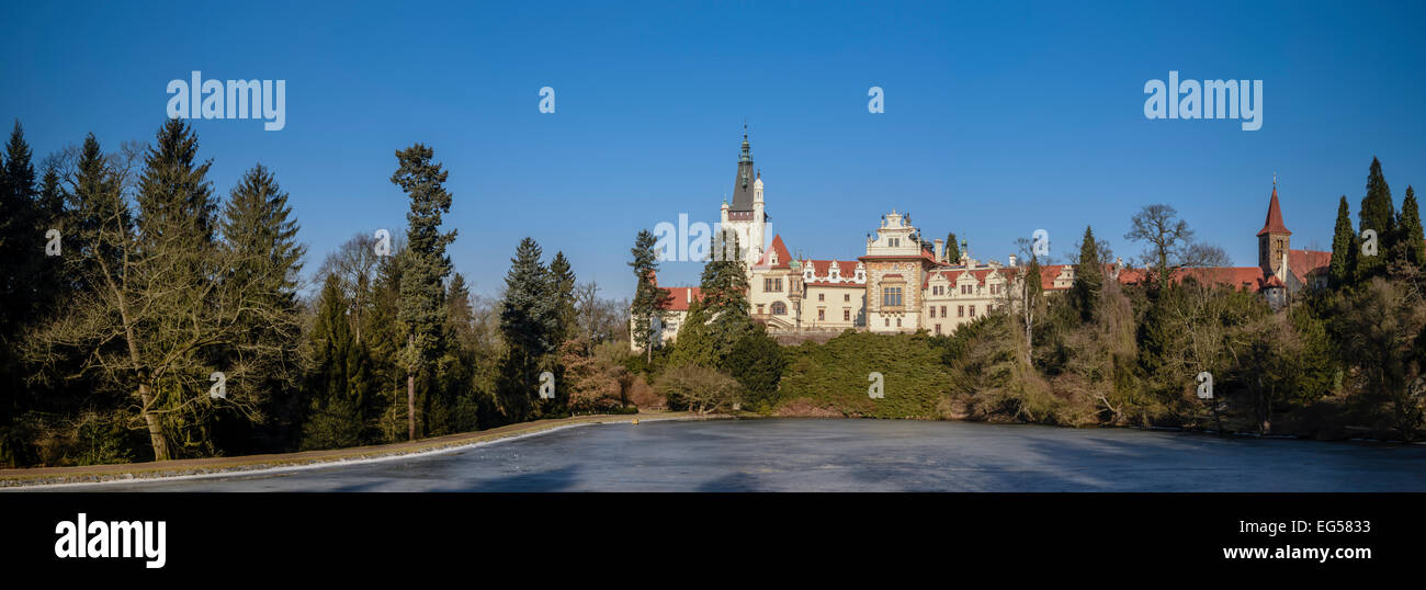 Prague, Chateau Pruhonice with pond panoramic winter view Stock Photo ...