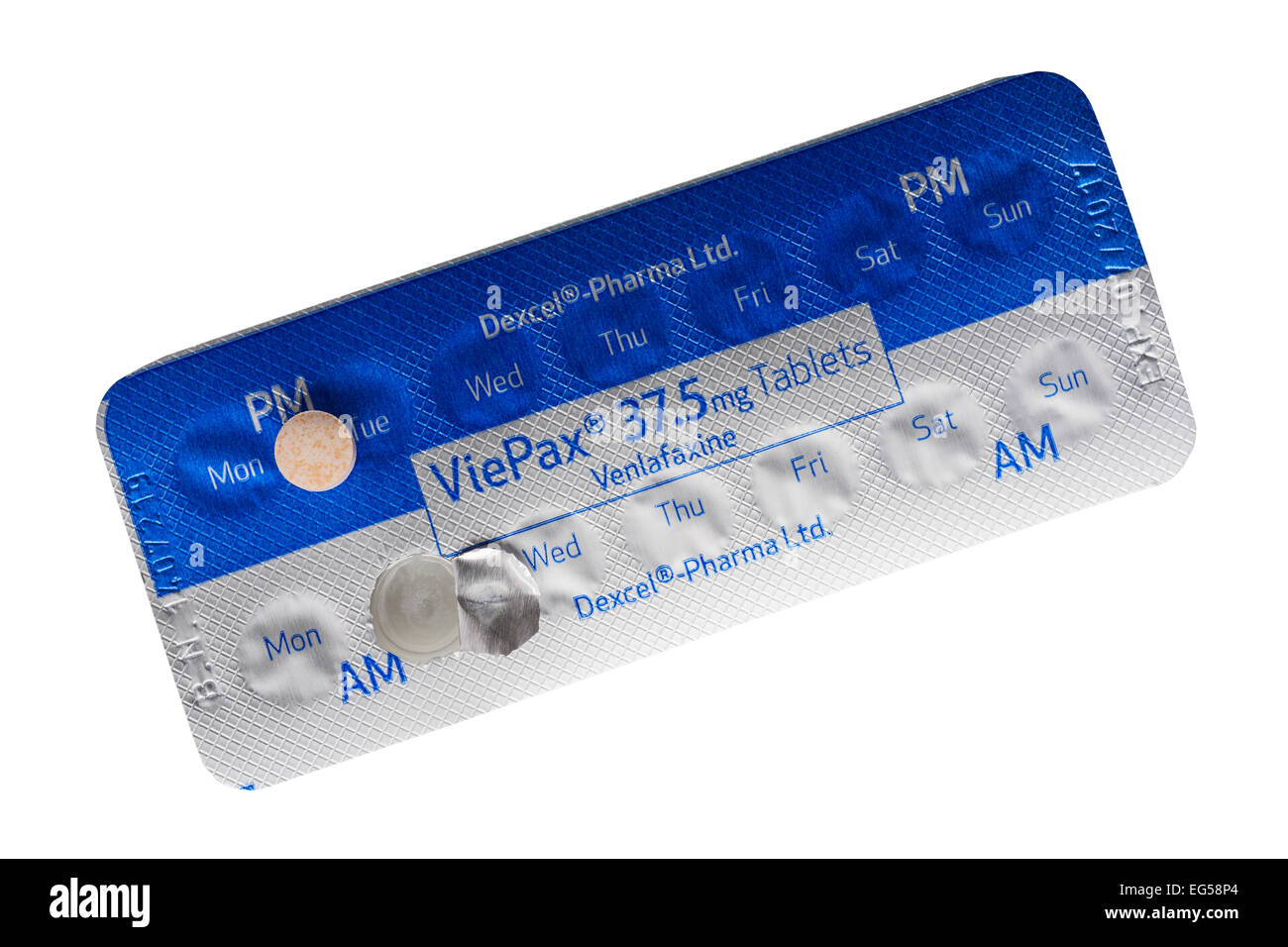 A blister pack of Viepax Venlafaxine 37.5mg tablets on a white ...