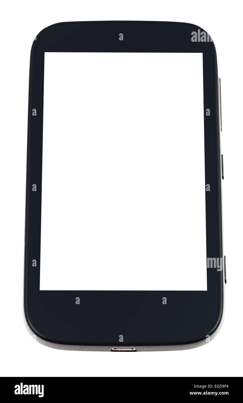 black smart phone with cut out screen isolated on white background ...