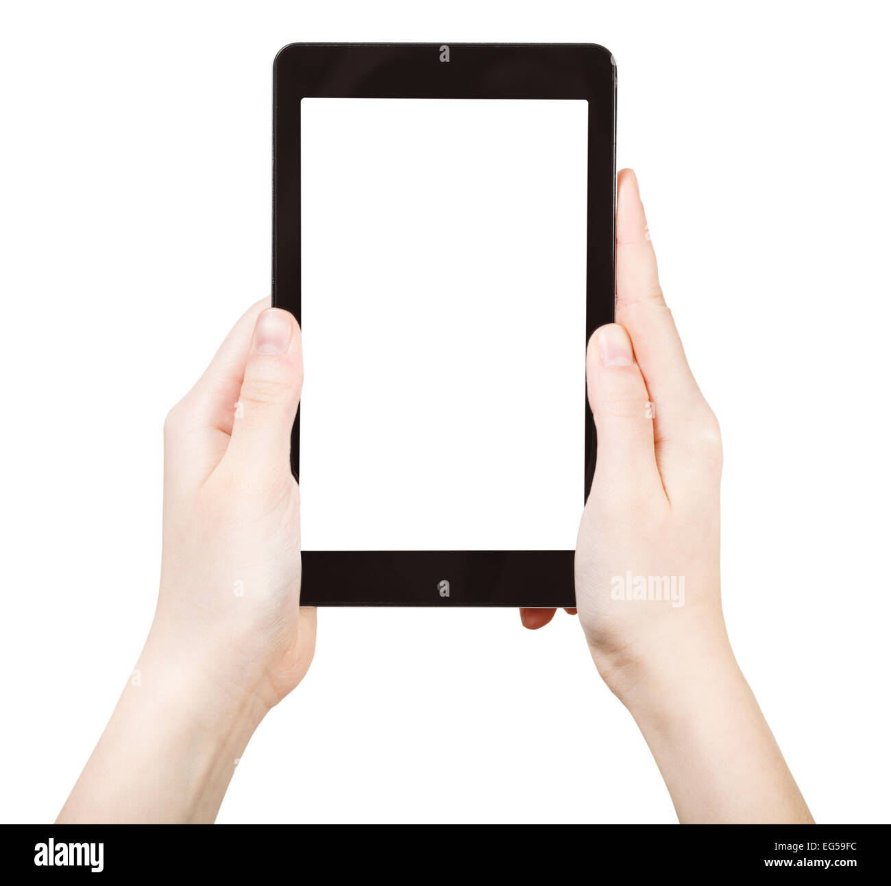 hands holding touchpad with cut out screen isolated on white background ...