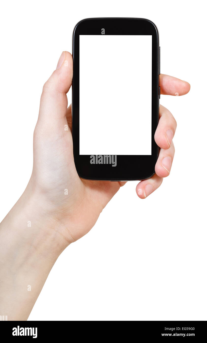 hand holds smartphone with cut out screen isolated on white background ...