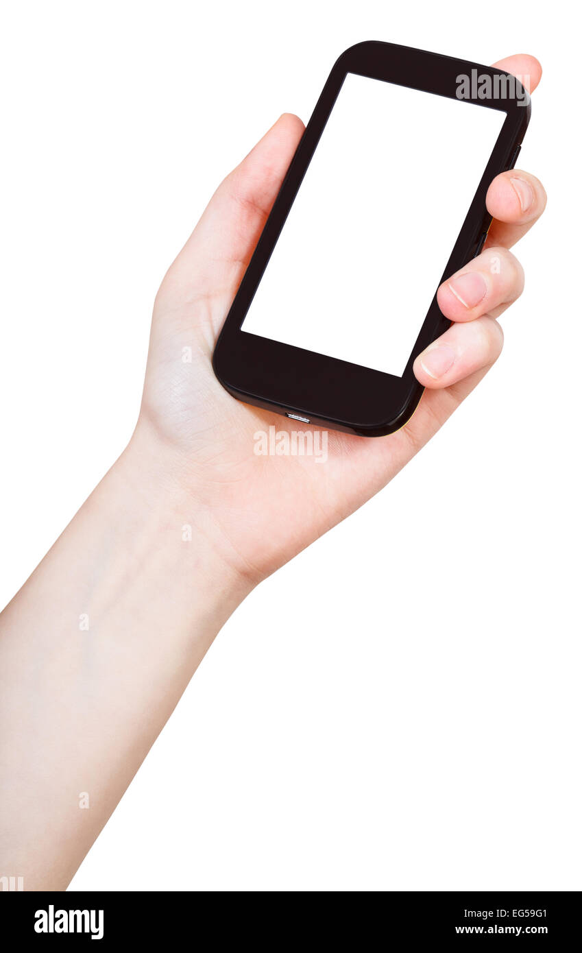 hand holds mobile phone with cut out screen isolated on white ...