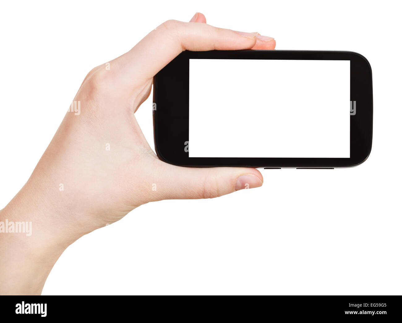 hand holding smart phone with cut out screen isolated on white ...