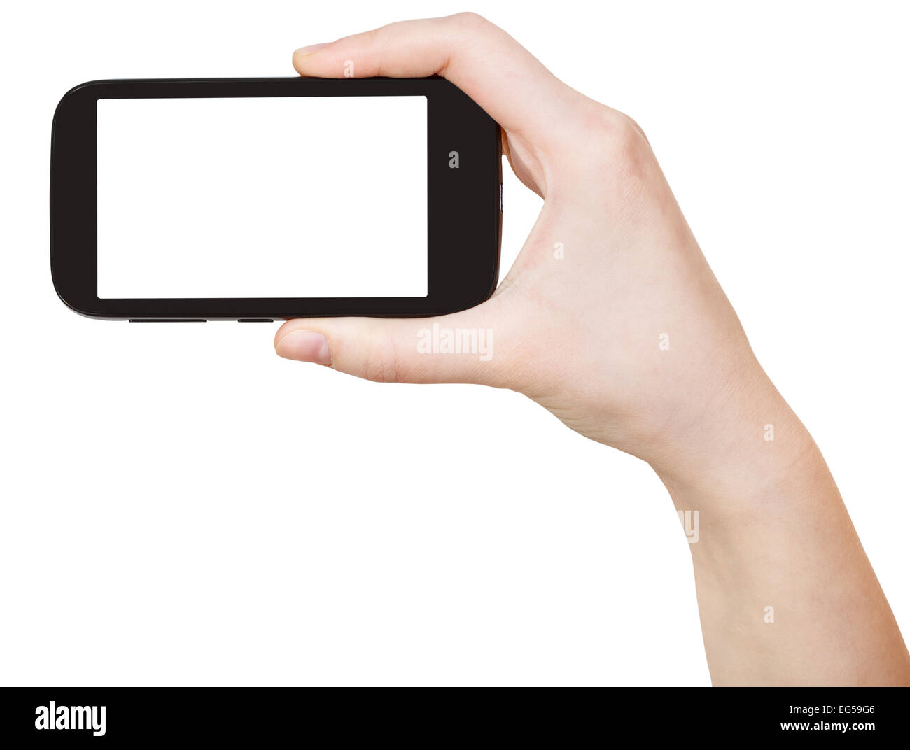 hand holding touchscreen phone with cut out screen phone isolated on ...