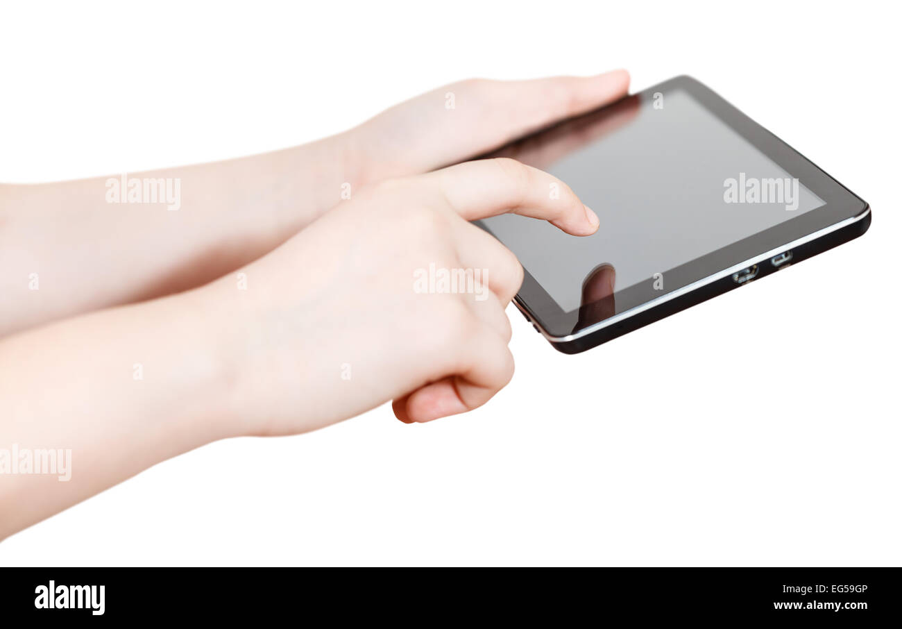 girl holding and touching tablet-pc screen isolated on white background ...