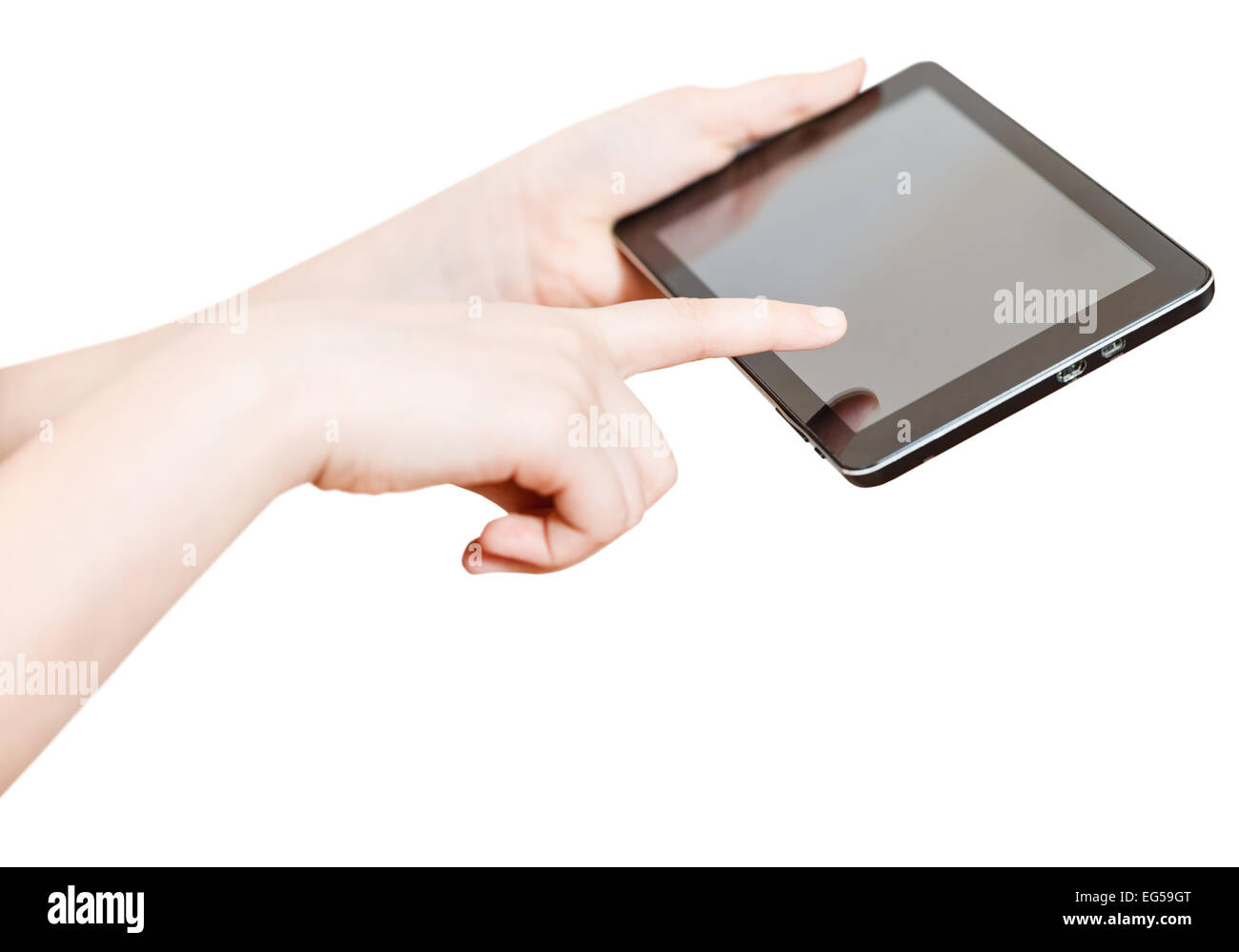 girl holding and touching touchpad screen isolated on white background ...