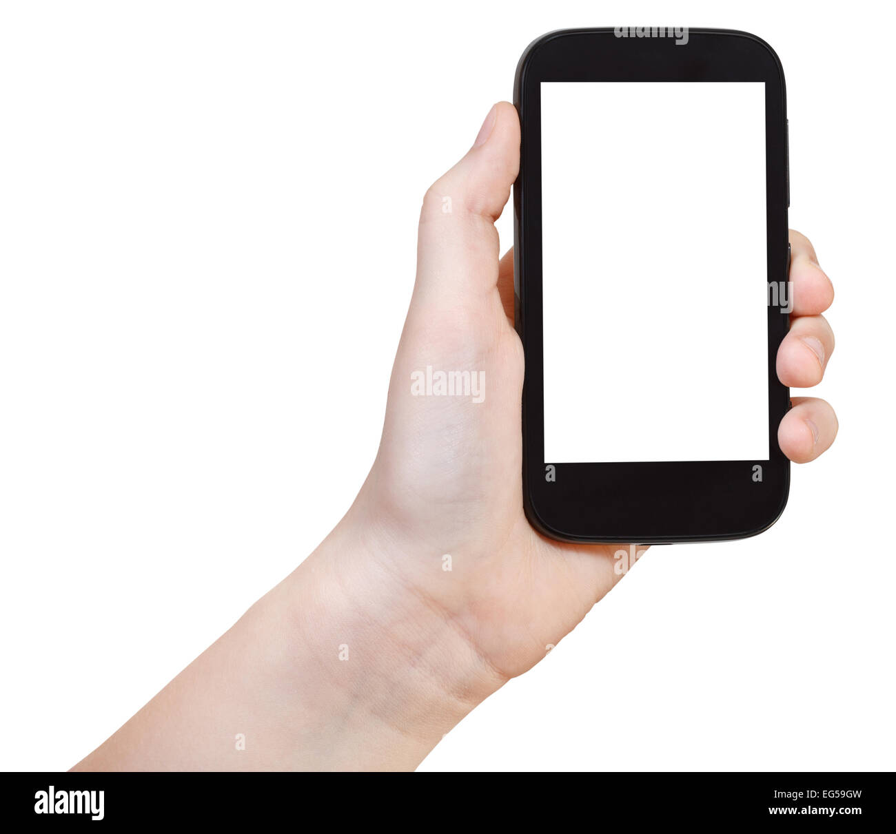 girl holding smart phone with cut out screen isolated on white ...