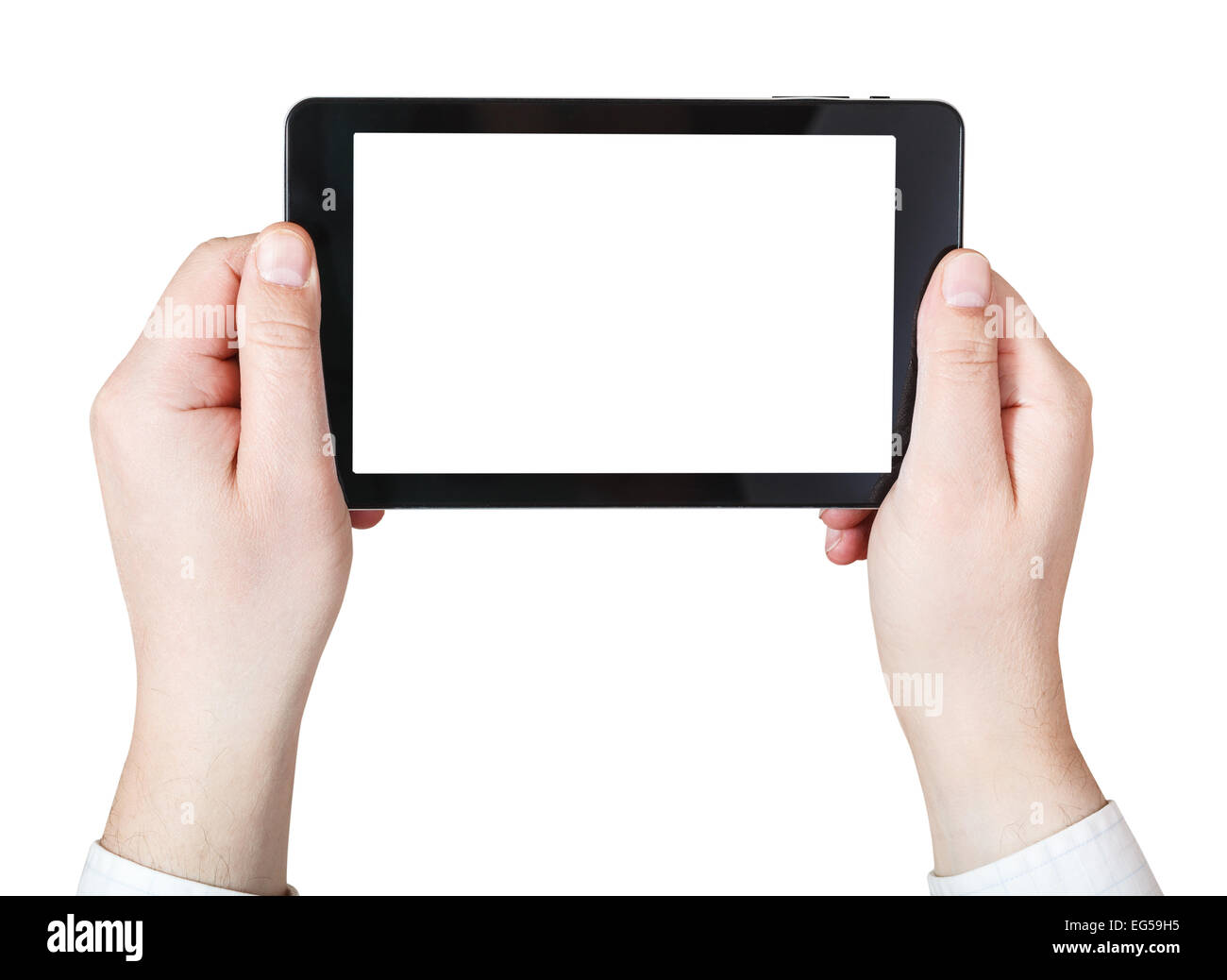 businessman hands holds tablet-pc with cut out screen isolated on white ...