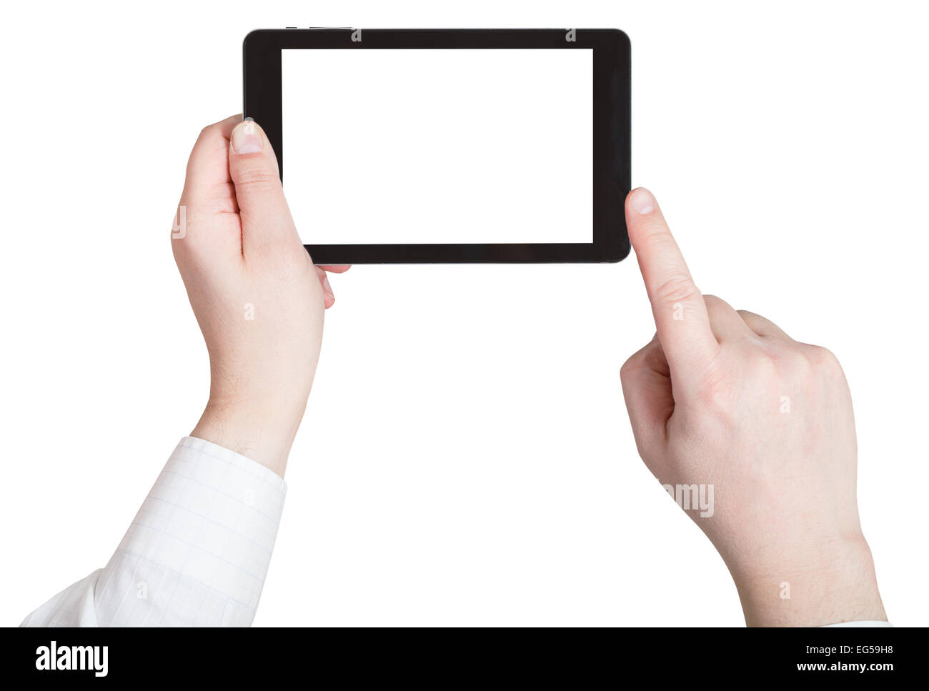 businessman finger clicking tablet pc with cut out screen isolated on ...