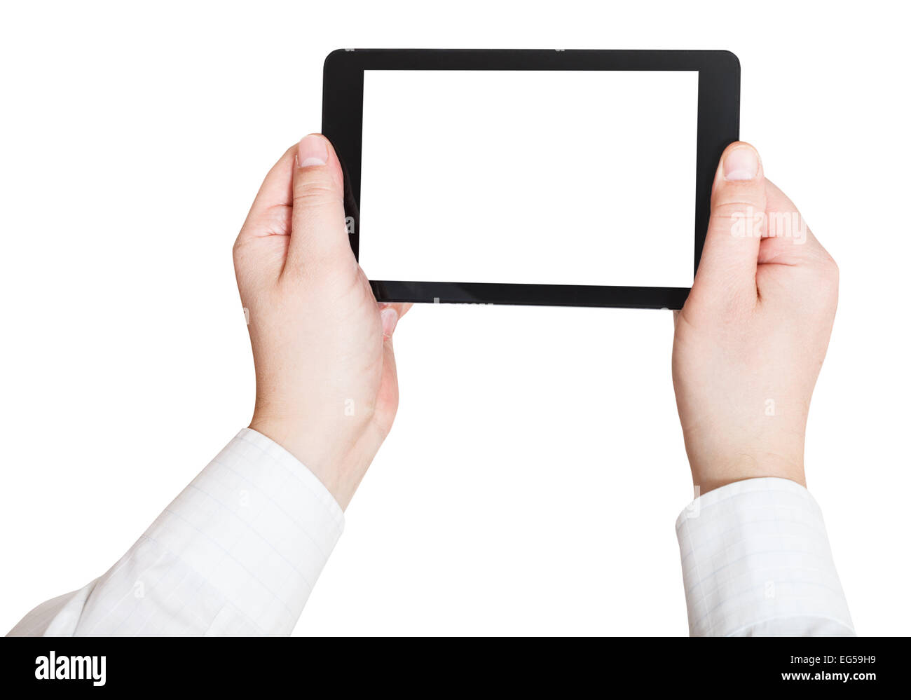 businessman hands holding touchscreen pc with cut out screen isolated ...