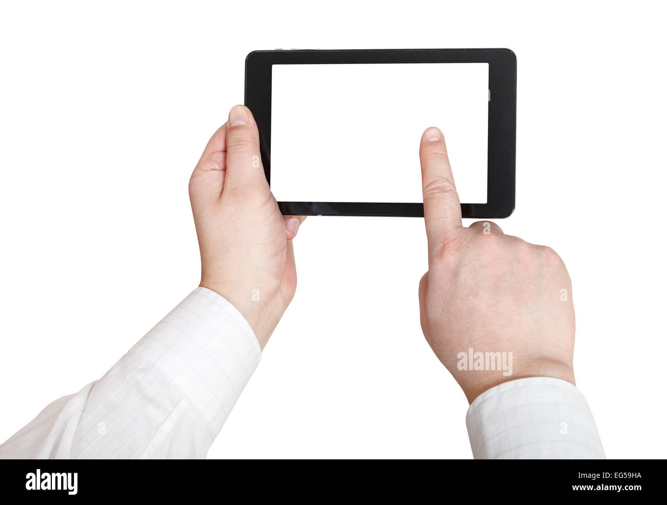 businessman finger press tablet pc with cut out screen isolated on ...
