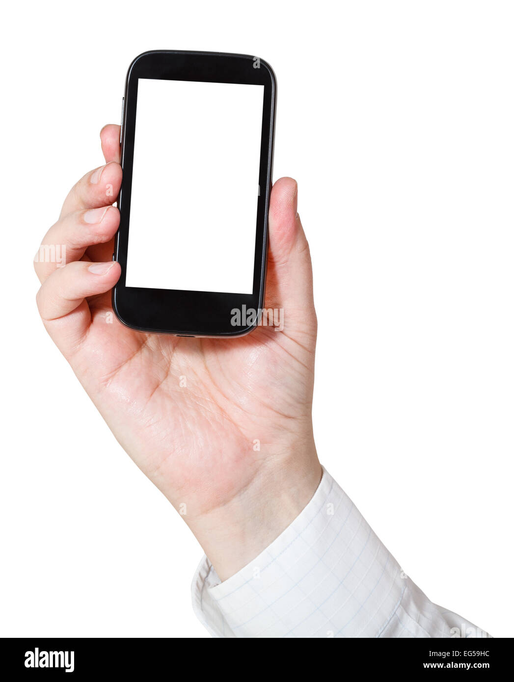 businessman holding smart phone with cut out screen isolated on white ...